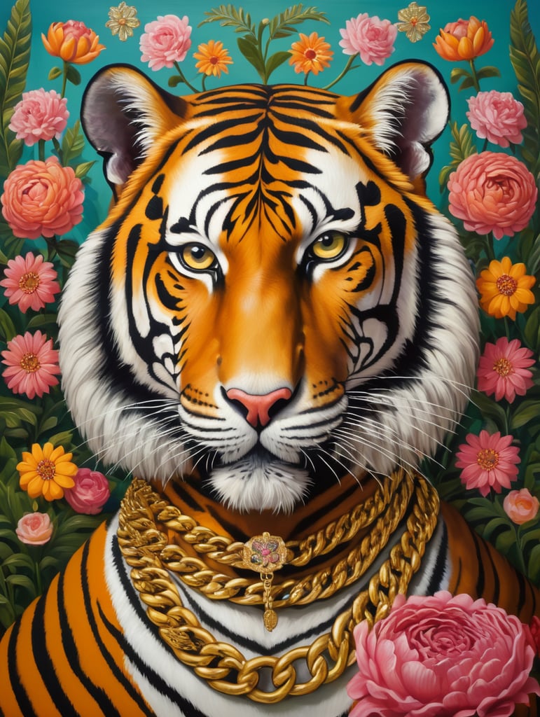 Premium Free ai Images | brutal tiger with gold chain on neck flowers ...