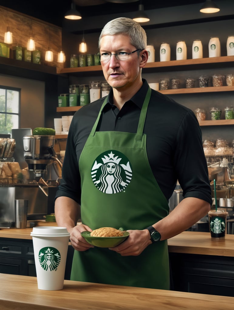 Premium Free ai Images | tim cook als starbucks angestellter in ...