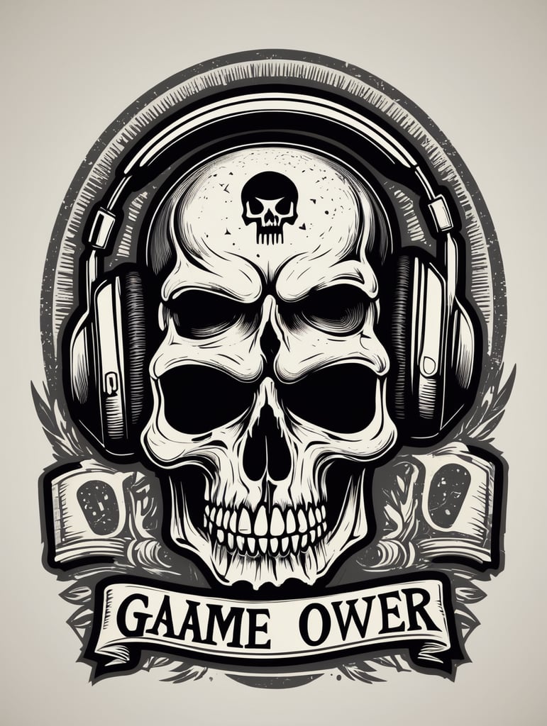 Premium Free ai Images | black and white game over skull gaming logo ...
