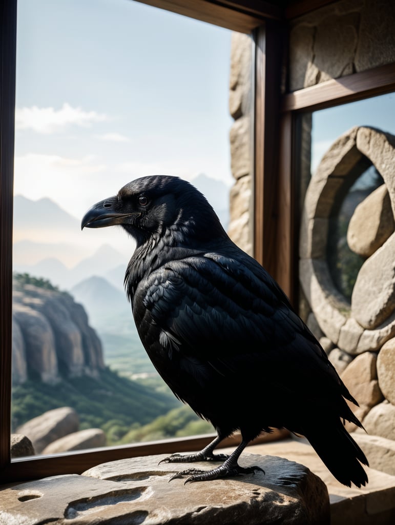 Premium Free ai Images | black crow posing in window behind it rock ...