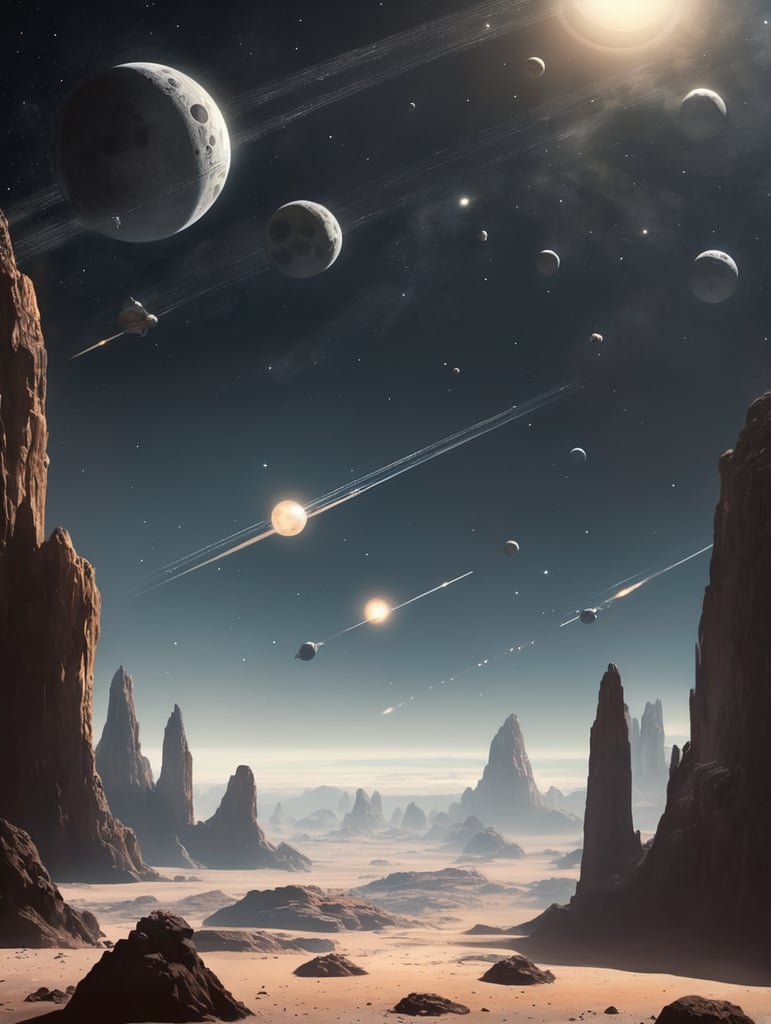 Premium Free ai Images | space scene with star five planes three moons ...