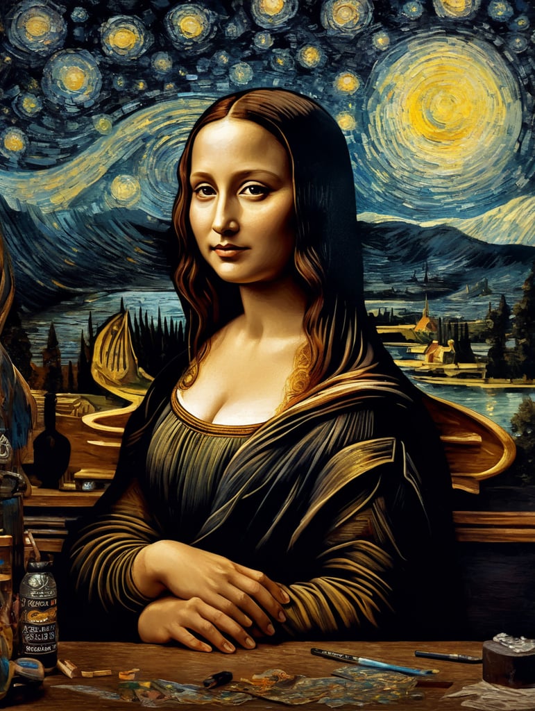 Premium Free ai Images | monalisa in van goghs starry nights