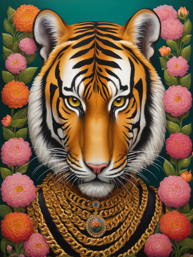 Premium Free ai Images | brutal tiger with gold chain on neck flowers ...