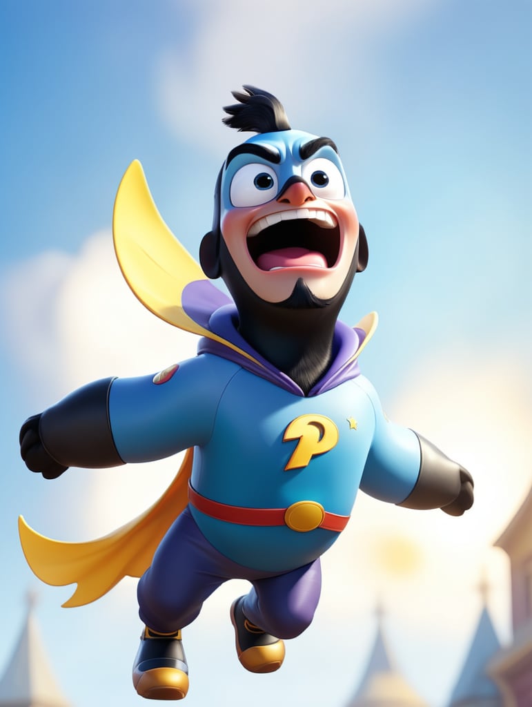 Premium Free ai Images | linux penguin superhero costume flying through ...