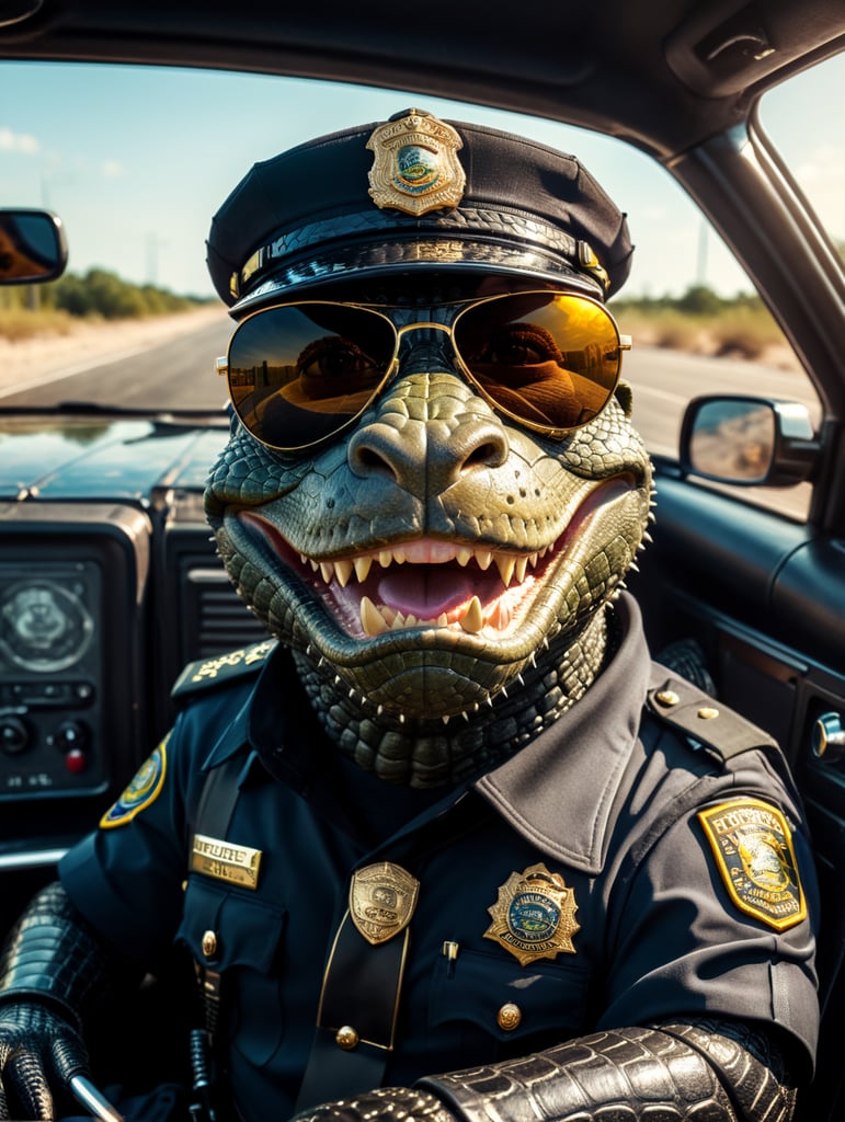 Premium Free ai Images | alligator police officer sitting behind the ...
