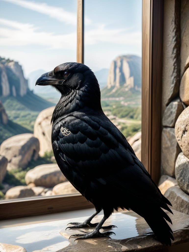 Premium Free ai Images | black crow posing in window behind it rock ...