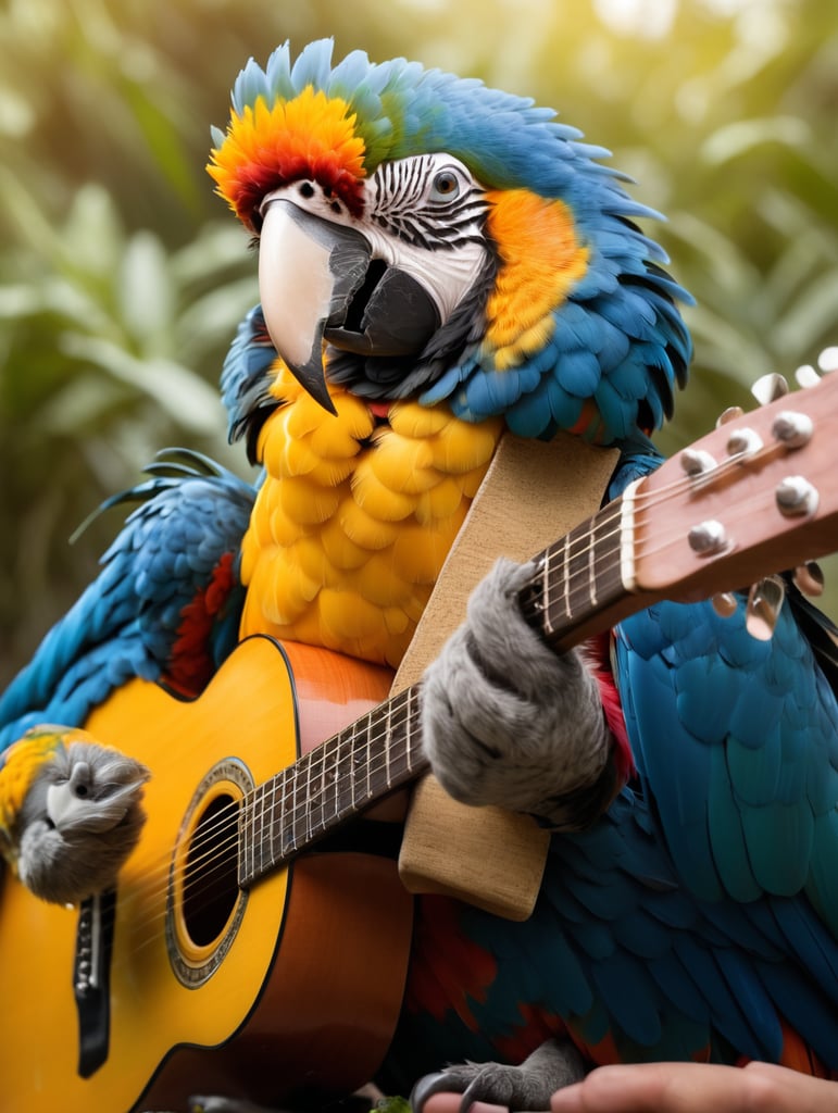 Premium Free ai Images | hippie macaw plaing guitar