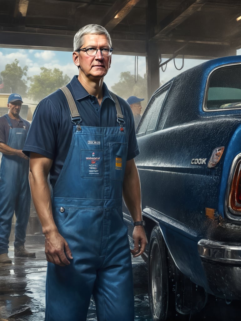 Premium Free ai Images | tim cook as carwash employee in blue overall