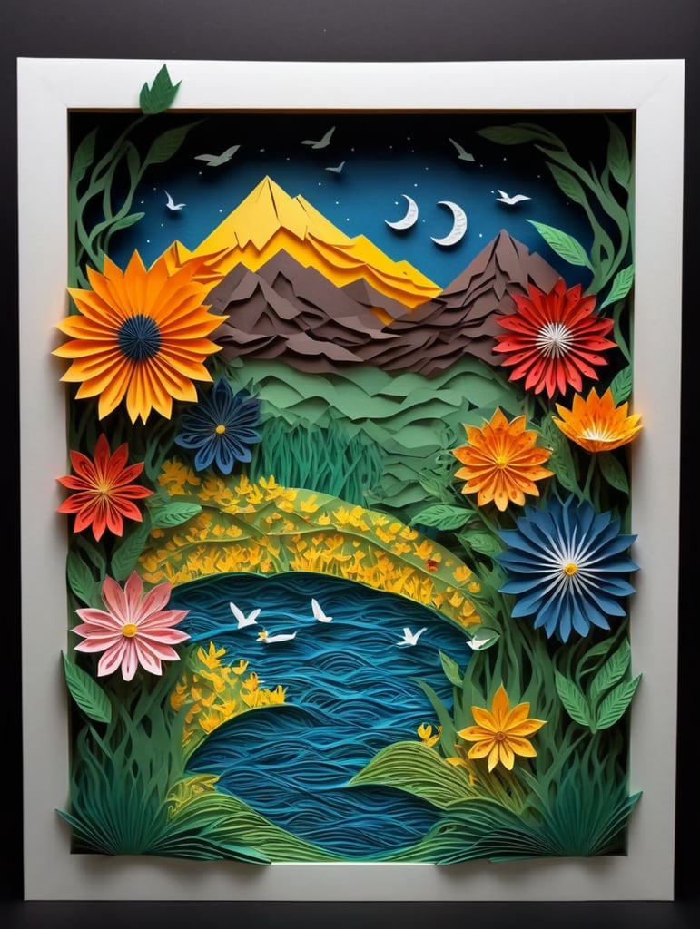 Premium Free ai Images | papercut full color nature with mountain and ...