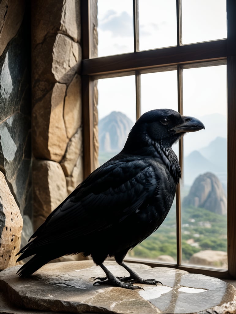 Premium Free ai Images | black crow posing in window behind it rock ...