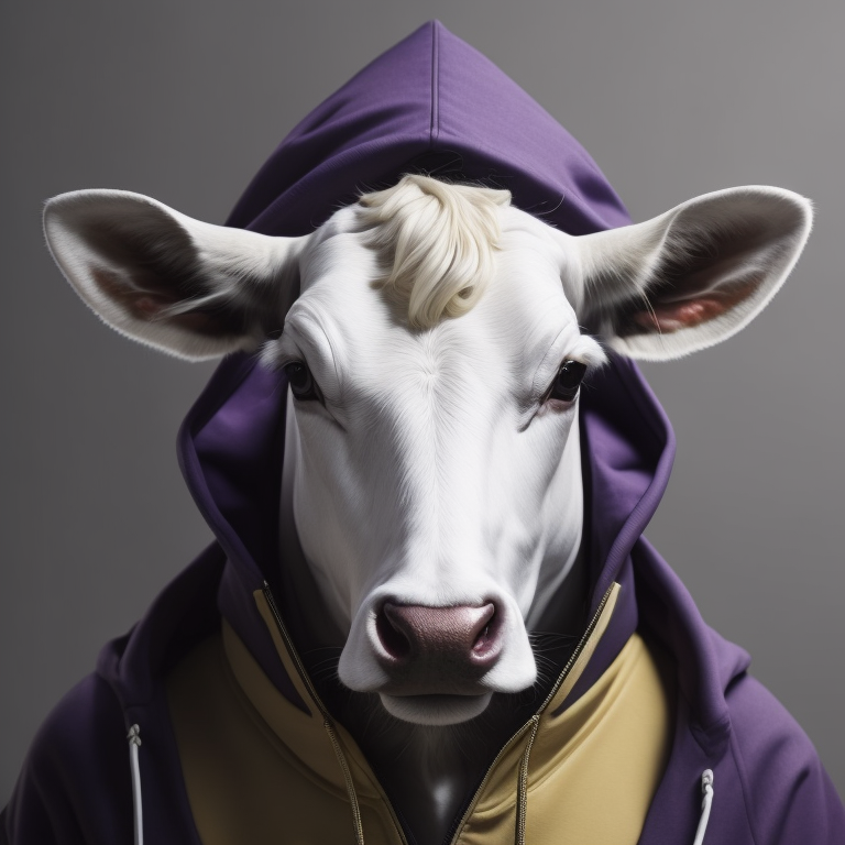 Premium Free ai Images | hip hop white cow portrait in violet hoodie ...