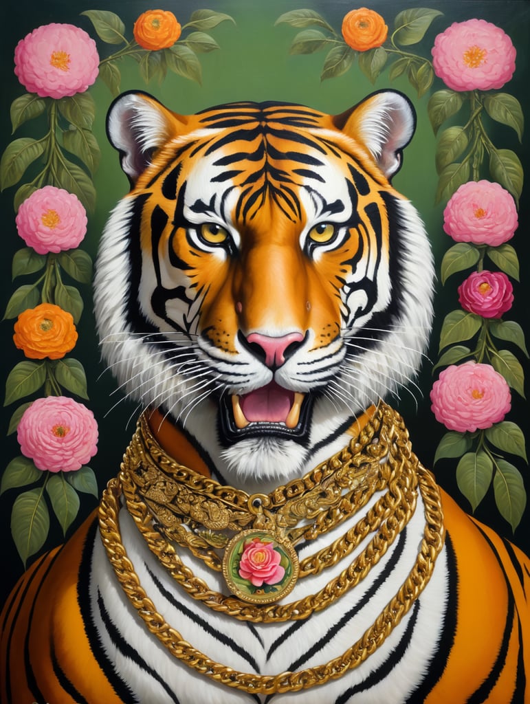 Premium Free ai Images | brutal tiger with gold chain on neck flowers ...
