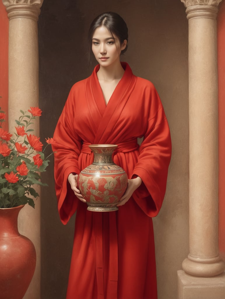 Premium Free ai Images | woman dressed in red robe and holding vase ...