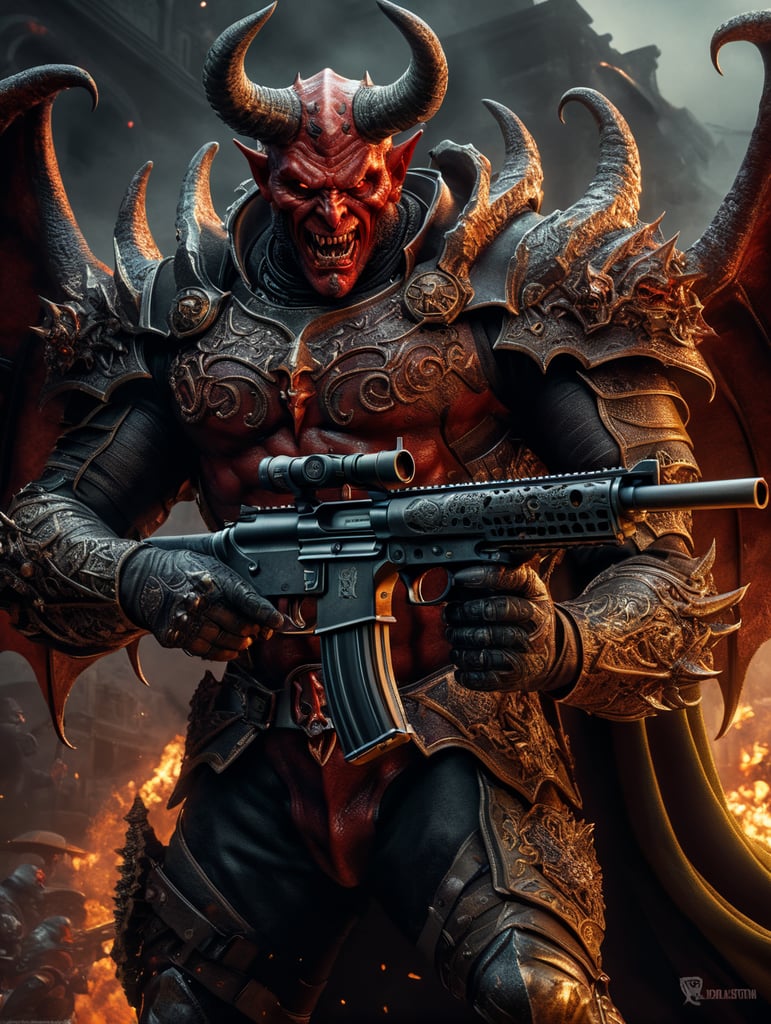 Premium Free ai Images | devil soldier holding browning gun color image