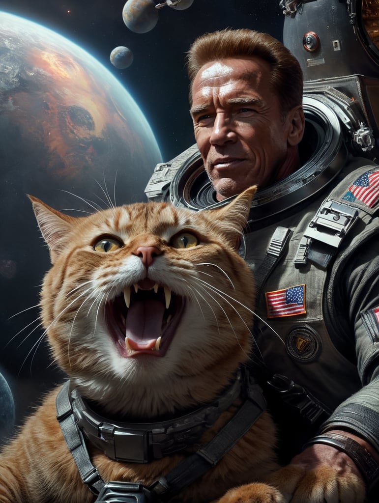 Premium Free ai Images | arnold schwarzenegger ride cat in space