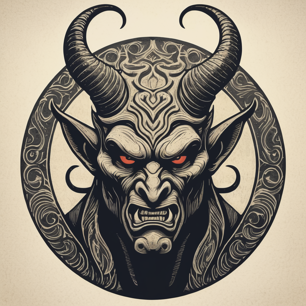 Premium Free ai Images | Horned Demon Linocut Artwork