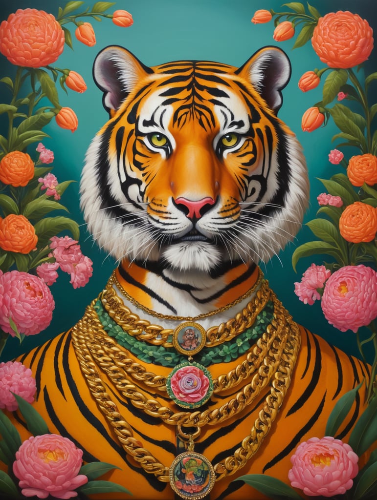 Premium Free ai Images | brutal tiger with gold chain on neck flowers ...