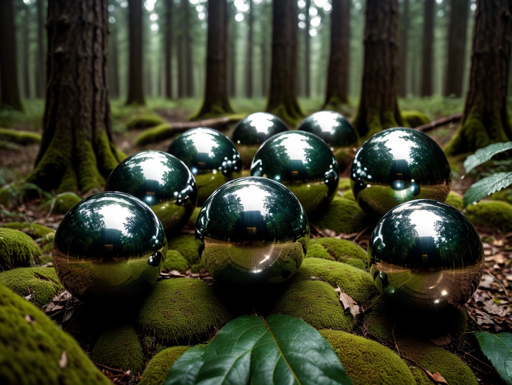 Premium Free ai Images | chrome round balls flying in the forest no ...