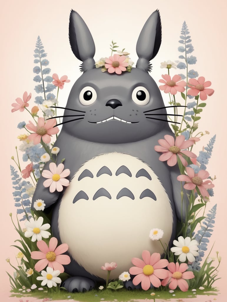 Premium Free ai Images | cute picture with totoro and flowers