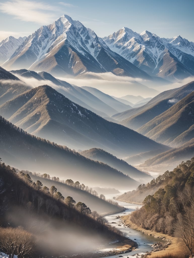 Premium Free ai Images | sneznye gory rekoj mezdu